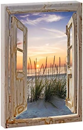 Amazon.de: Bild auf Leinwand Fensterblick Hochformat | Sonnenuntergang am Meer - 100x65 cm Wandbild