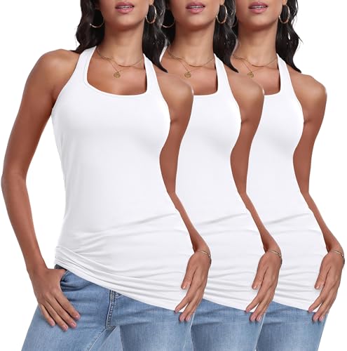 DYLH White Long Tank Tops for Women Racerback Cotton Layering Shirt ...