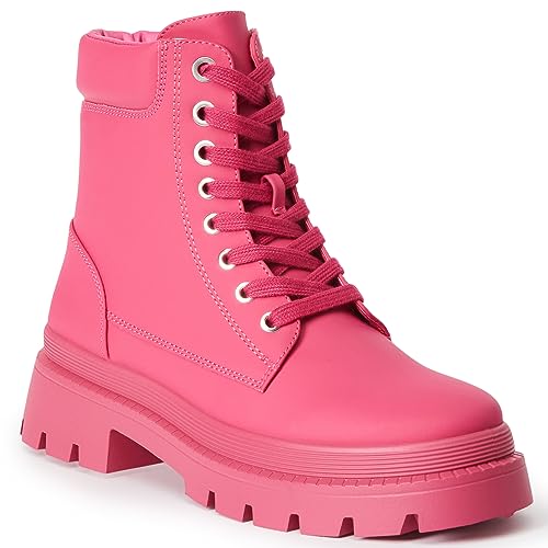 JustFab Women's Lace Up Combat Boots Pink Boots Low Chunky Heel ...