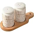 Amazon.com: Ceramic Spice Jar Set Marble Gold Pepper Griner Bamboo Tray ...