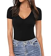 Amazon.com: MANGOPOP Women's Square Neck Short Sleeve Long Sleeve Tops Bodysuit Jumpsuit ...