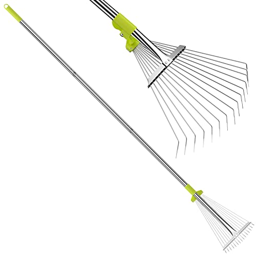 Adjustable Garden Leaf Rake 70 inch, Collapsible Metal Yard Rake for ...