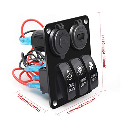 3 Gang Rocker Switch Panel USB Charger LED Voltmeter Sasquatch Lights ...