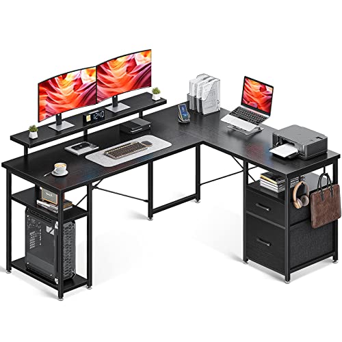 ODK L Shaped Desk with Drawer, 66 inch Computer Desk with Monitor Stand ...
