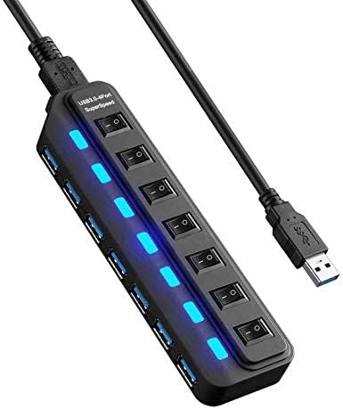 7-Port USB 3.0 Hub with Individual On/Off Switches and Lights, High-Speed Data Hub Splitter ...