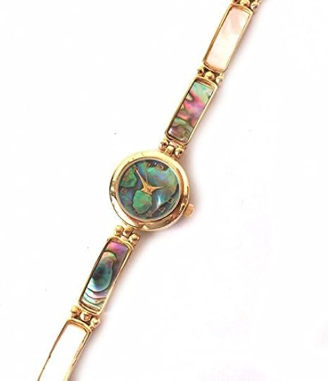 LADIES GOLD TONE REAL ABALONE DIAL AND BRACELET WATCH NEW BOXED: Amazon ...