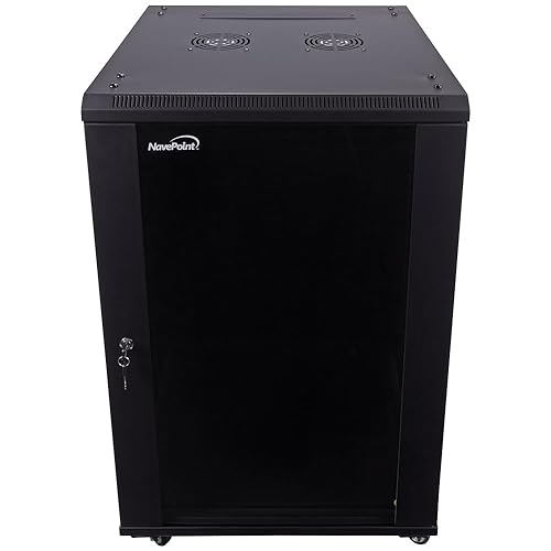 NavePoint 18U Server Cabinet Wall Mount Rack Enclosure with Caster Wheels, 2 Fans, Locking Glass ...