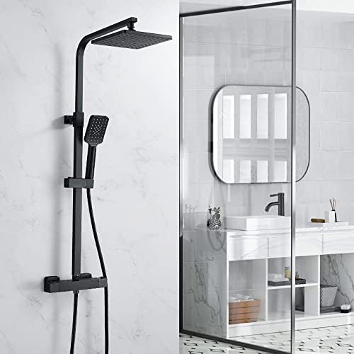 Thermostatic Shower Mixer Set, NewEast Matte Black 38 °C Square ...