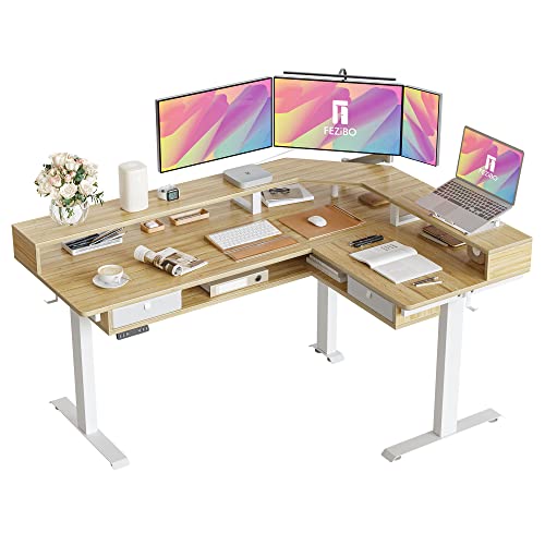 FEZIBO 63" L Shaped Standing Desk with LED Strip, Electric Triple Motor ...