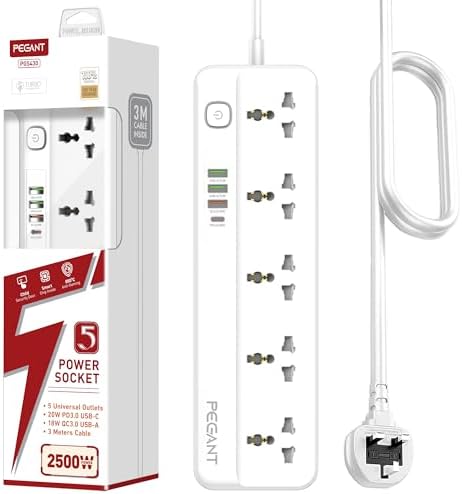 PEGANT 5 Way Power Extension Cord with USB, 1x 20W USB-C PD, 3x USB-A ...