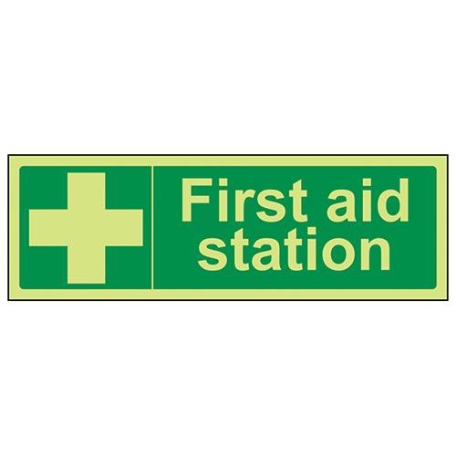 VSafety Glow In The Dark First Aid Station Sign – 300mm x 100mm – Rigid ...