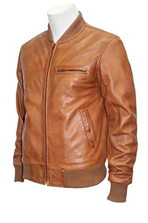 MEN ELASTIC CUFF AND COLLAR RETRO STYLE BOMBER TAN LAMBSKIN Leather ...