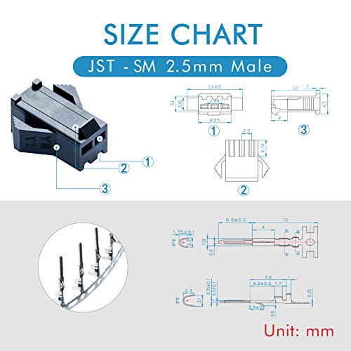 CQRobot 50 Sets / 300 Pieces 2.5mm Pitch JST SM 2-Pin JST Connector Kit. 2.5mm Pitch Male and ...