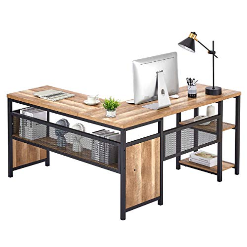 FATORRI L Shaped Computer Desk, Industrial Office Desk with Shelves ...