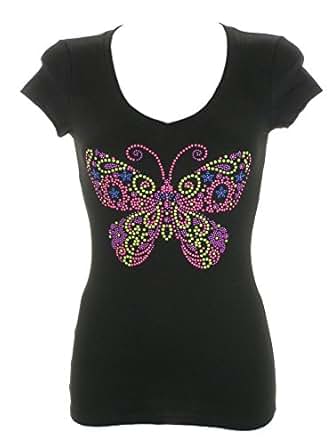 Amazon.com: Women's Butterfly Rhinestone Bling T-Shirts Black: Clothing