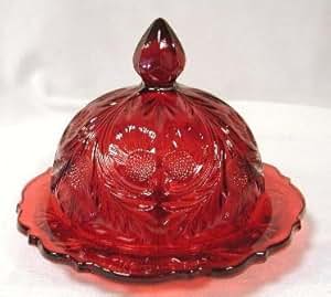 Amazon.com | Ruby Red Glass Round Domed Butter Dish ~ Thistle Pattern ...