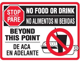 Aluminum Bilingual No Food Or Drink Sign - 14"h x 20"w NO FOOD OR DRINK ...