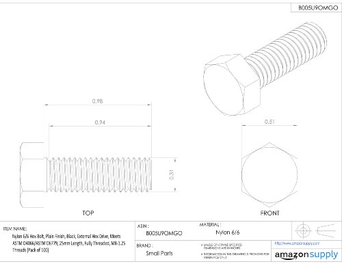 Nylon 6/6 Hex Bolt, Plain Finish, Black, External Hex Drive, Meets ASTM ...