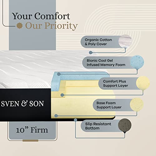 Sven & Son Split King Adjustable Bed Base Frame + 10" Luxury Cool Gel Memory Foam Mattress, Head ...