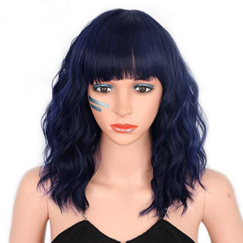 AISI HAIR Pastel Bob Wavy Wig With Bangs Short Curly Mixed Dark Blue ...