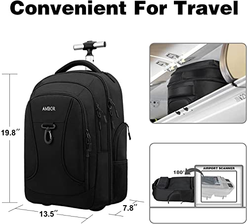AMBOR Rolling Backpack, Waterproof Wheeled Backpack, Carry-on Trolley ...