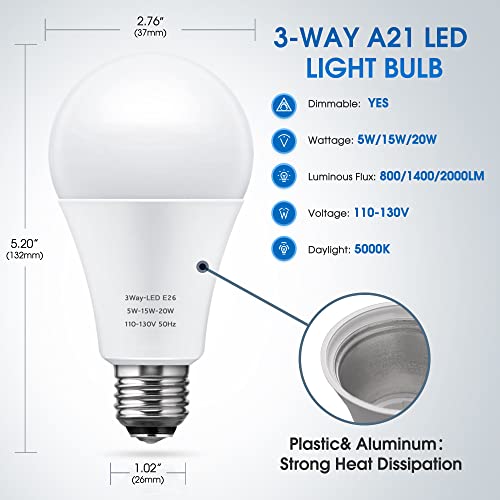 Briignite 3 Way LED Light Bulbs 50-100-150W Equivalent Daylight White ...