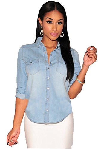 Anermy Women Fashion Button Down Long Sleeve Lapel Denim Blouse Tops Shirt