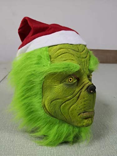 Allopo Grinch Mask Costume Furry Green Santa Mask with Red Hat for Men ...