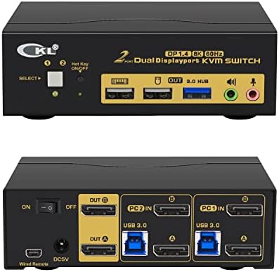 CKL 2 Port USB 3.0 KVM Switch Dual Monitor DisplayPort 1.4 4K@144Hz 8K@30Hz for 2 Computers, PC ...