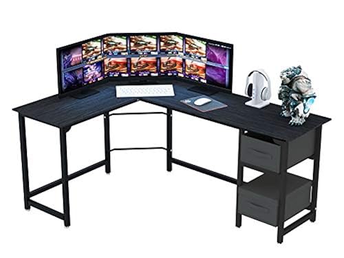 Black L Shaped Desk with Storage, Computer Gaming Desk with Drawers ...