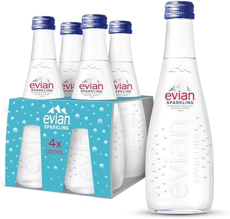Evian Sparkling Carbonated Natural Mineral Water 330ml Glass Bottle, Case of 4 Bottles ...