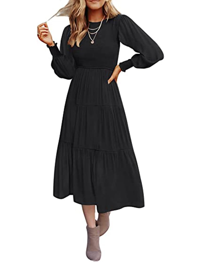ZOOMOON Women’s Smocked Puff Sleeve Dress 2025 Fall Winter Crewneck ...