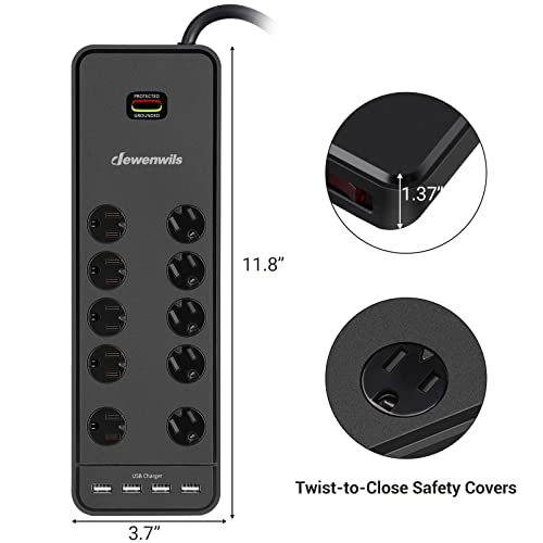 DEWENWILS 10-Outlet Surge Protector Power Strip with 4 USB Ports, 15 FT ...