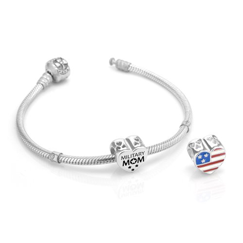925 Sterling Silver Heart Enamel Us American Flag Military MOM Word ...