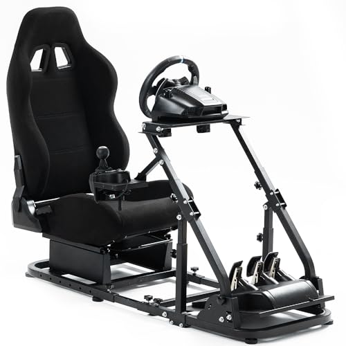 Supllueer Sim Racing Cockpit Black Racing Seat Wheel Stand with 2 Arms ...