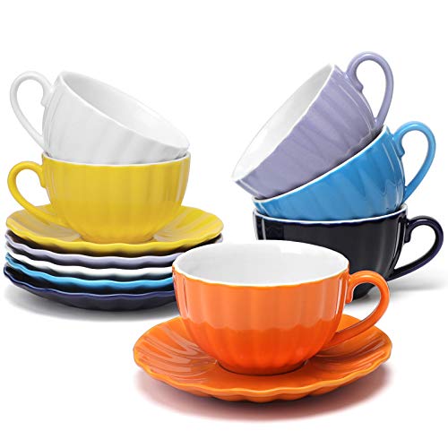amhomel Porcelain Cappuccino Cups with Saucers Set of 6 - 6 Oz Coffee ...