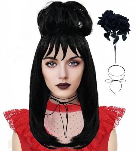 Besuante Lydia Deetz Wig Black Wavy Bride Costume Wigs With Choker and ...