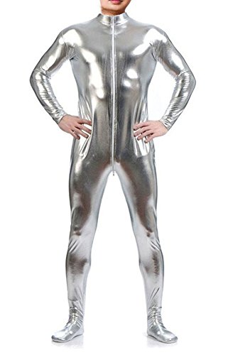 WOLF UNITARD Men's Shiny Metallic Unitard Bodysuits Large Silver ...