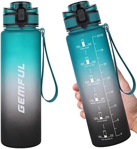 GEMFUL Water Bottle 1L with Straw Motivational Time Marker Tritan BPA Free Drink Bottle for ...