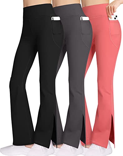 Girl Flare Pants with Pockets for Exercise Workout-Split Leg Tummy ...