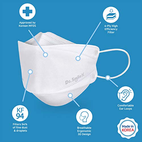 Dr. Smile K - 10 Pack KF94 Disposable Face Masks White -ONE SIZE -Unisex-4 Layer Filter Made in ...