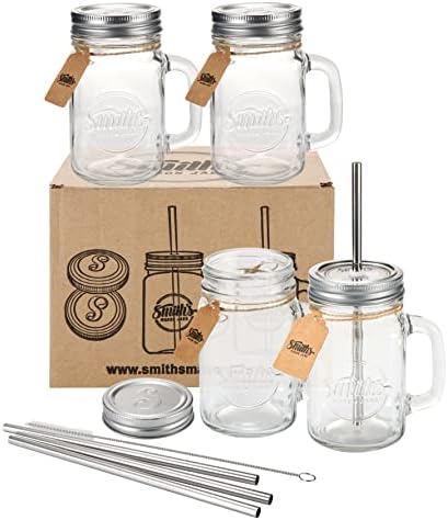Smith's Mason Jars 4x mason jars 16 oz, Old Fashioned Mason jar with lid and straw, | Perfect ...