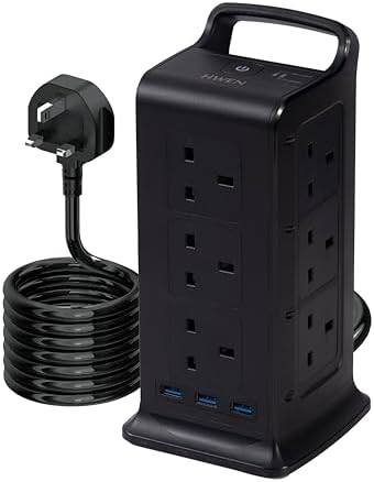 Glooob Tower Extension Lead Surge Protection (13A 2990W) with 3 USB ...