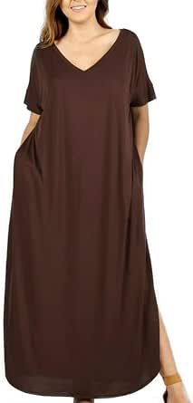 Zenana Plus Short Rolled Sleeve Side Slit V-Neck Maxi Dress at Amazon ...