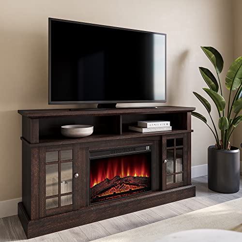 BELLEZE Traditional 58 Inch Rustic Electric Fireplace TV Stand & Media ...