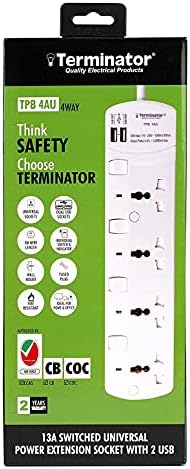Terminator Power Extension 4 Socket 2 USB Charging Ports with 3 Meter ...