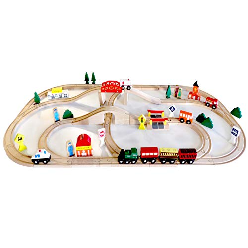 80 Piece Wooden Toy Train Set: Tracks, Trains & Cars Compatible with ...