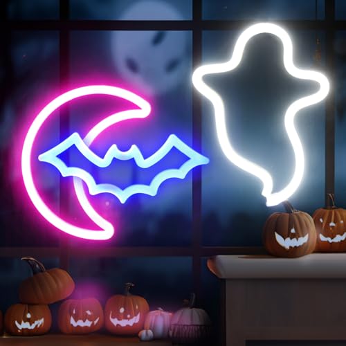 BRIGHTDECK 2 Pack Halloween Neon Signs, White Ghost, Blue Bat Half Moon ...