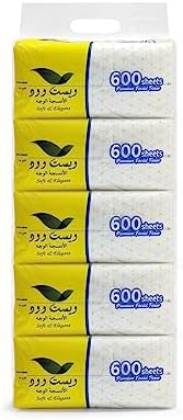 WEST WOOD Facial Tissue, 600 Sheets x 5 Packs = 3000 Sheets, 2 Ply ...