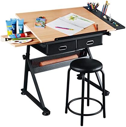 Height Adjustable Drafting Table, Wooden Drawing Desk with Stool, Teak ...